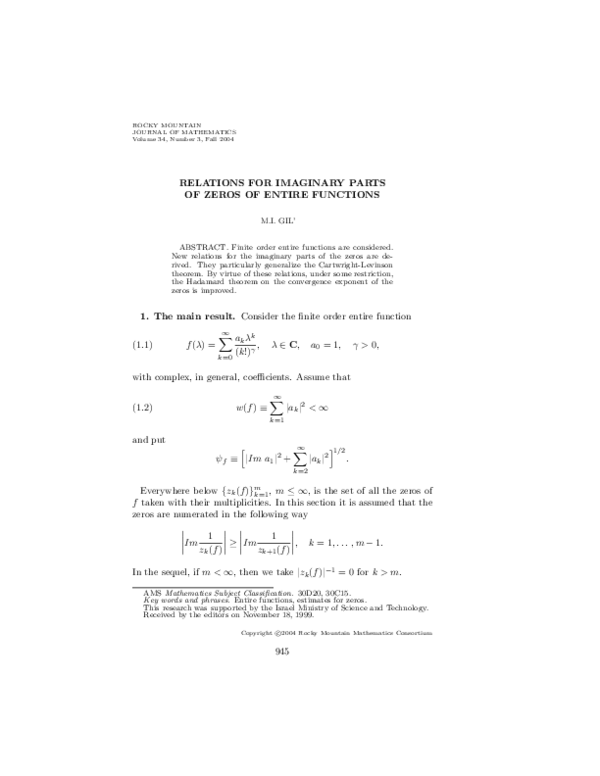 (PDF) Relations for Imaginary Parts of Zeros of Entire Functions