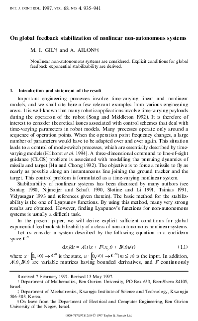 (PDF) On global feedback stabilization of nonlinear non-autonomous systems