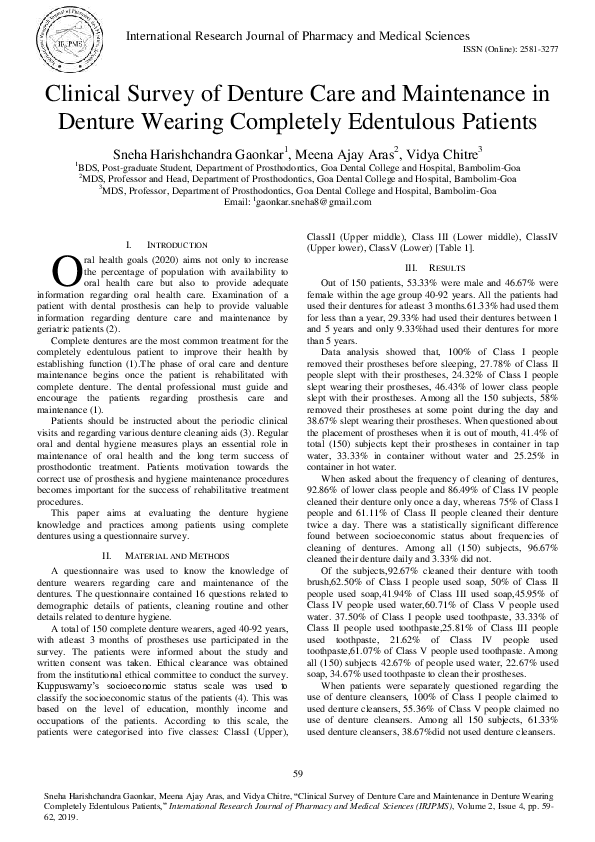 (PDF) Clinical Survey of Denture Care and Maintenance in Denture ...