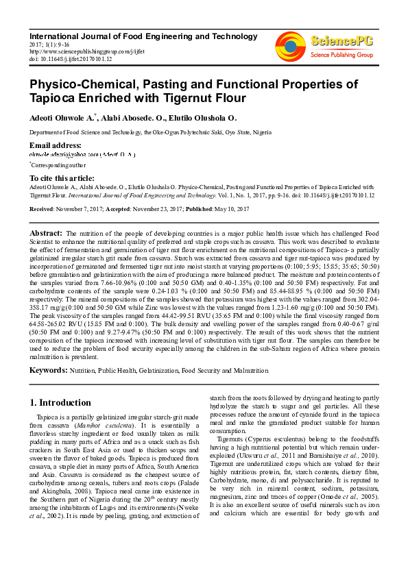 (PDF) Physico-Chemical, Pasting and Functional Properties of Tapioca Enriched with Tigernut Flour