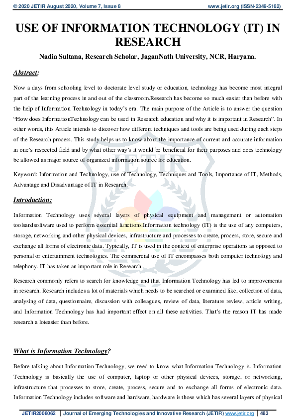(PDF) Use of Information Technology (It) in Research