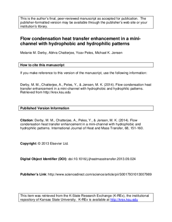 (PDF) Flow condensation heat transfer enhancement in a mini-channel with hydrophobic and ...