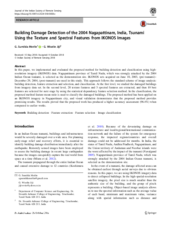 (PDF) Building Damage Detection of the 2004 Nagapattinam, India, Tsunami Using the Texture and ...