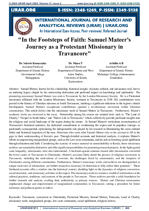 (PDF) "In the Footsteps of Faith: Samuel Mateer's Journey as a ...
