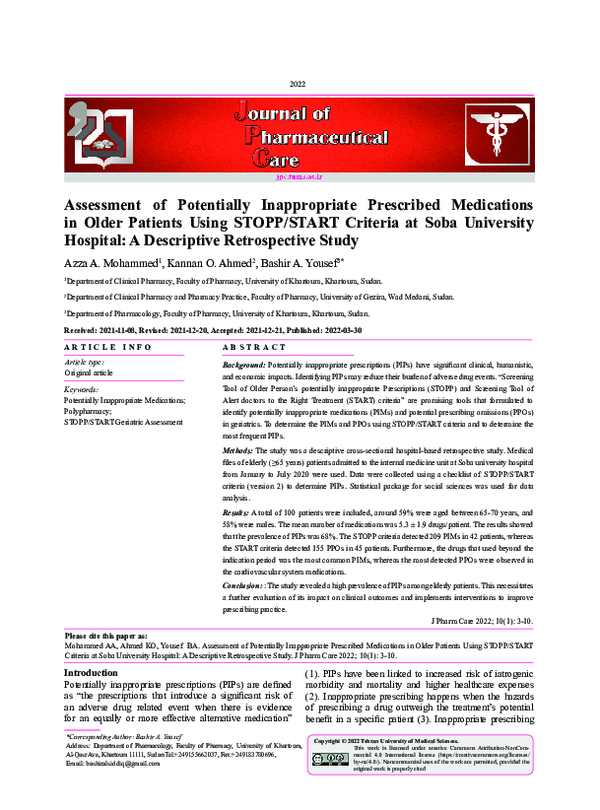 (PDF) Assessment of Potentially Inappropriate Prescribed Medications in ...