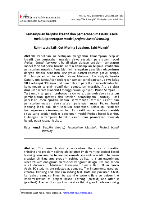 (PDF) Kemampuan berpikir kreatif dan pemecahan masalah siswa melalui penerapan model project ...