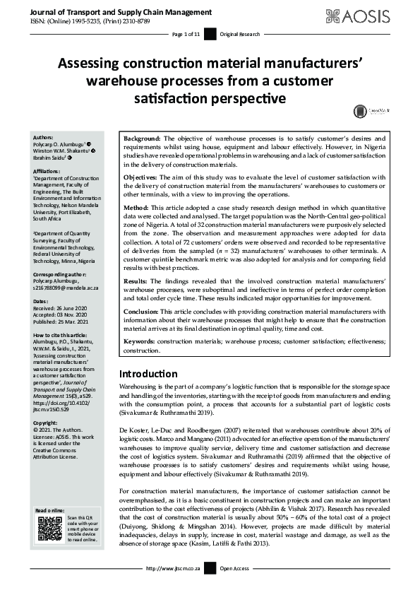 (PDF) Assessing construction material manufacturers’ warehouse ...