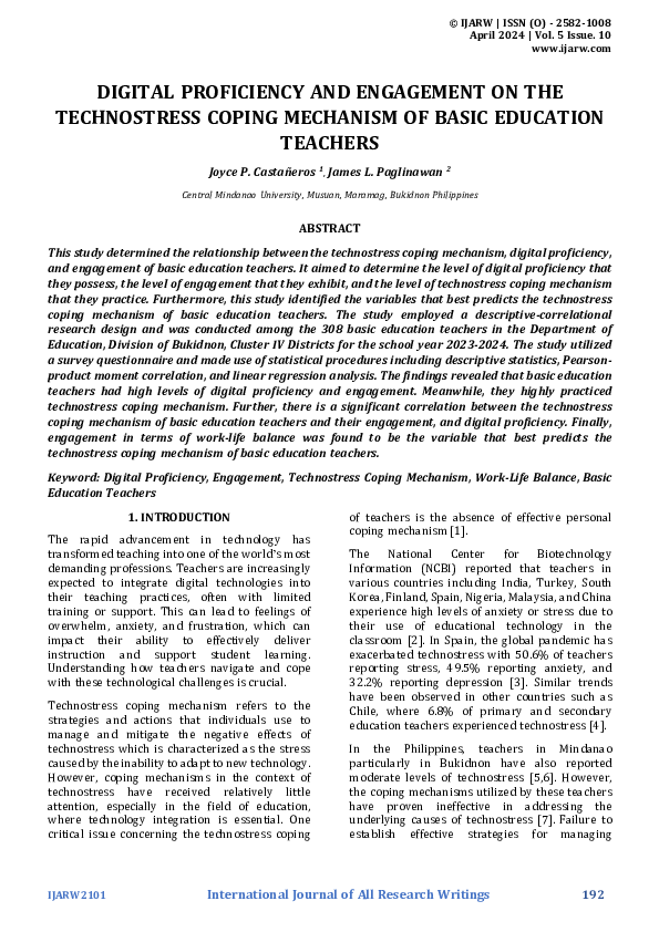 (PDF) DIGITAL PROFICIENCY AND ENGAGEMENT ON THE TECHNOSTRESS COPING MECHANISM OF BASIC EDUCATION ...
