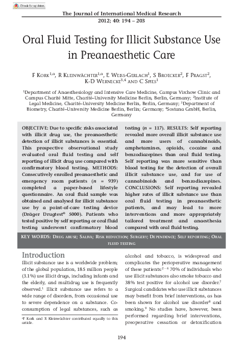 (PDF) Oral Fluid Testing for Illicit Substance Use in Preanaesthetic Care