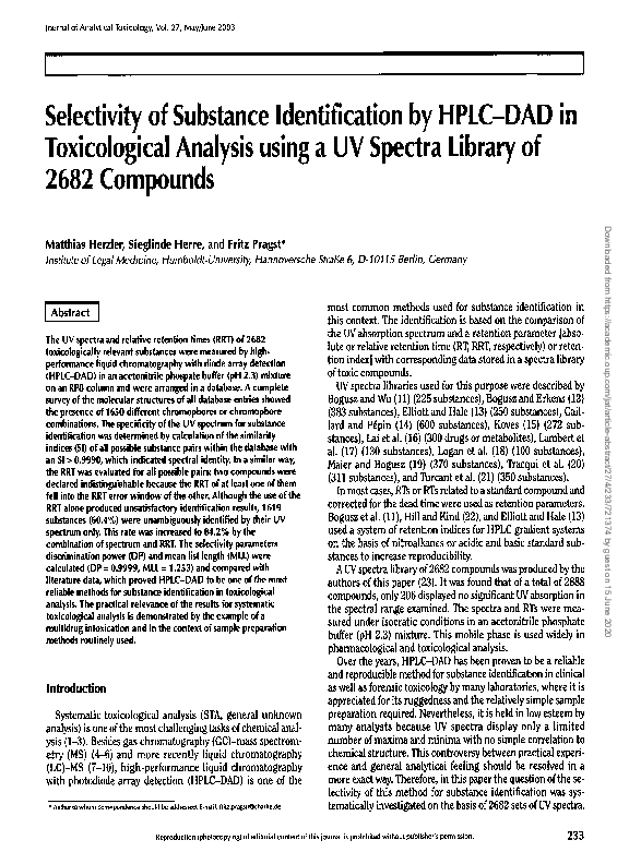 (PDF) Selectivity of Substance Identification by HPLC-DAD in ...
