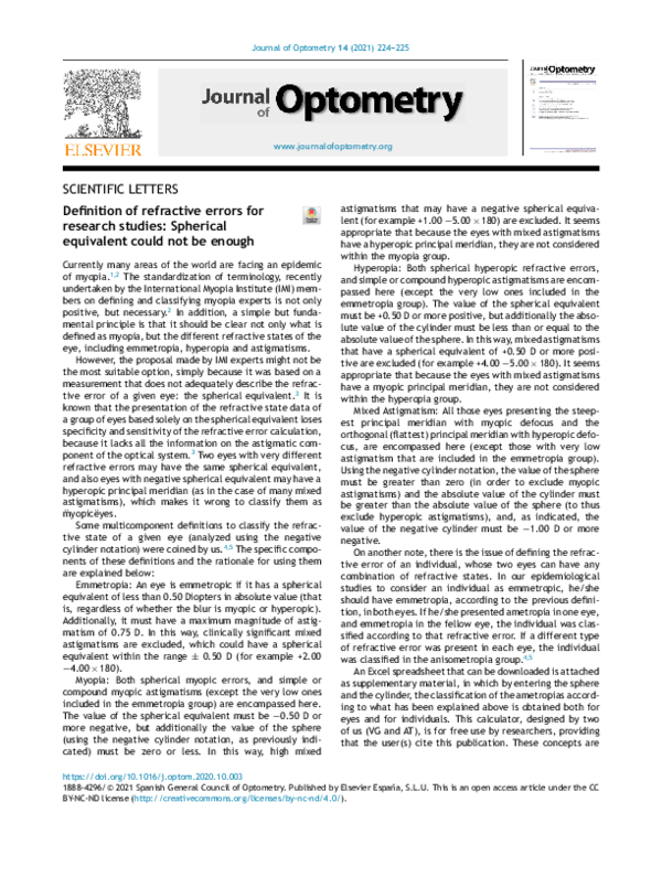 (PDF) Definition of refractive errors for research studies: Spherical ...