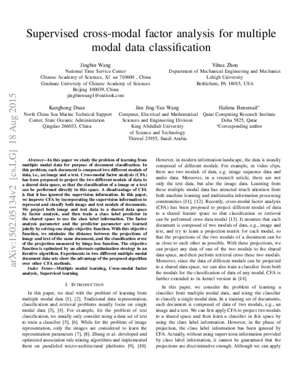 (PDF) Supervised Cross-Modal Factor Analysis for Multiple Modal Data Classification