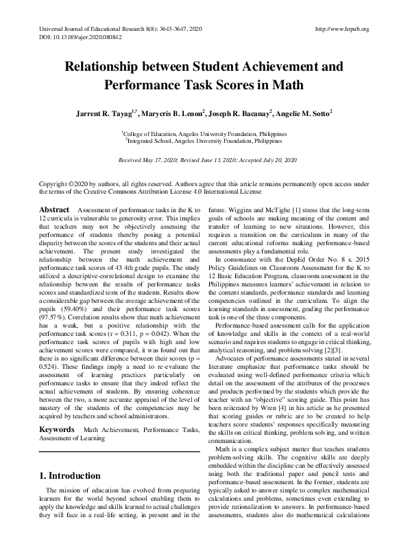 (PDF) Relationship between Student Achievement and Performance Task ...