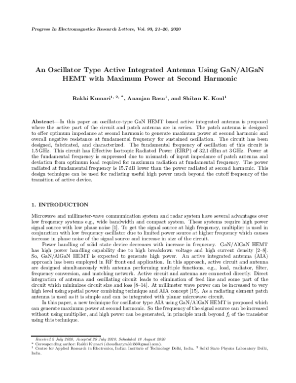 (PDF) An Oscillator Type Active Integrated Antenna Using Gan/Algan Hemt with Maximum Power at ...