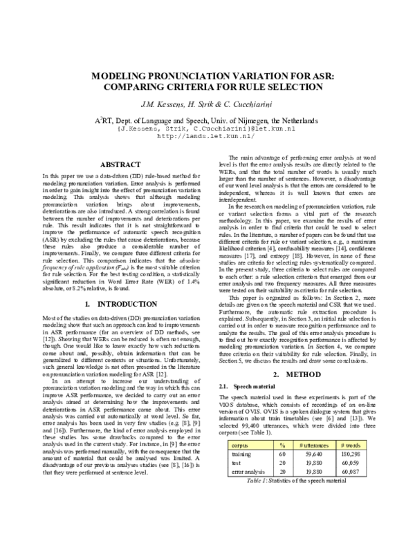 (PDF) Modeling pronunciation variation for ASR: Comparing criteria for rule selection