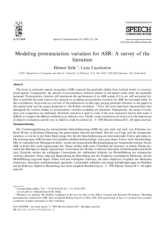 (PDF) Modeling pronunciation variation for ASR: A survey of the literature