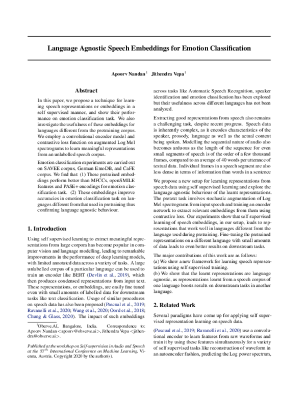 (PDF) Language Agnostic Speech Embeddings for Emotion Classification