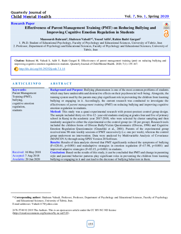 (PDF) Effectiveness of Parent Management Training (PMT) on Reducing ...