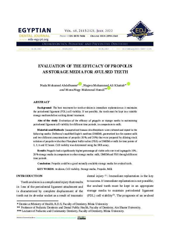 (PDF) Evaluation of the Efficacy of Propolis as Storage Media for ...