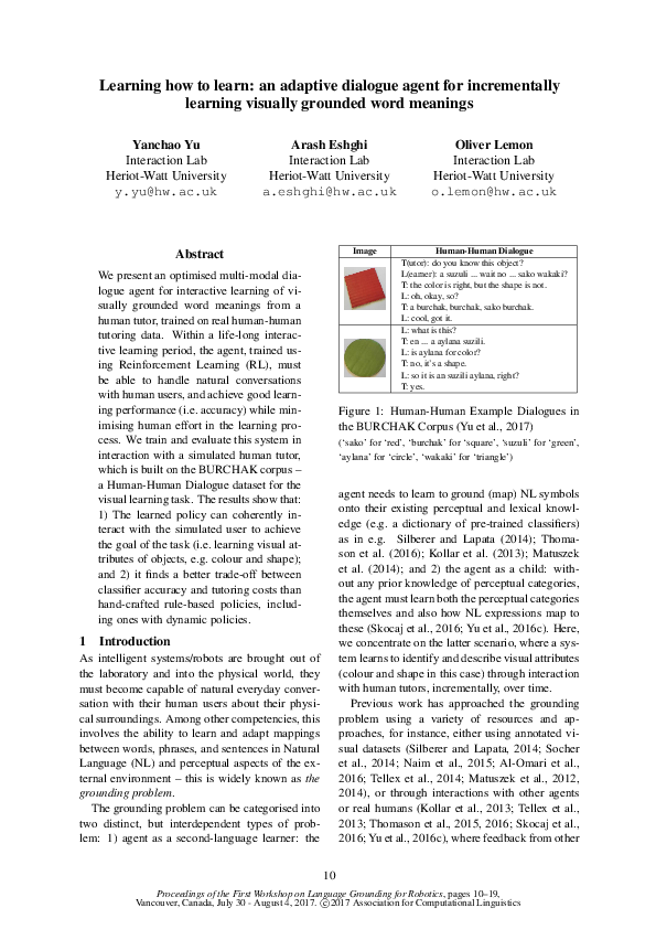 (PDF) Learning how to Learn: An Adaptive Dialogue Agent for Incrementally Learning Visually ...