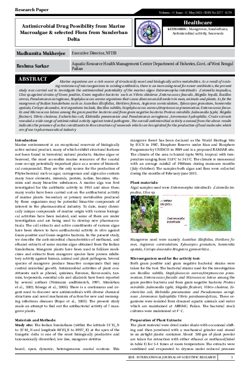 (PDF) Antimicrobial Drug Possibility from Marine Macroalgae & selected Flora from Sunderban Delta
