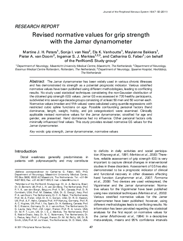 (PDF) Revised normative values for grip strength with the Jamar dynamometer