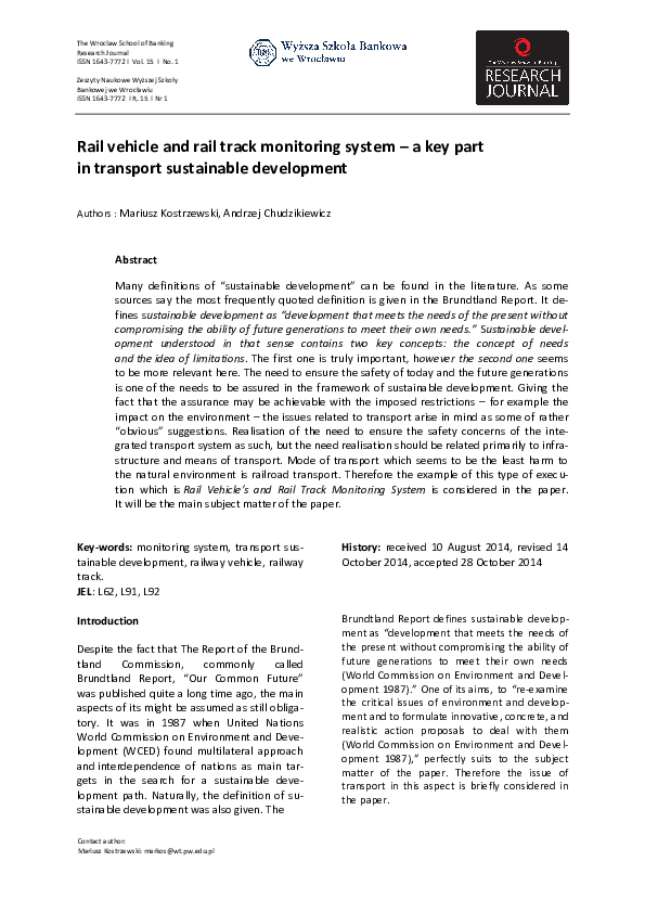 (PDF) Rail vehicle and rail track monitoring system – a key part in transport sustainable ...