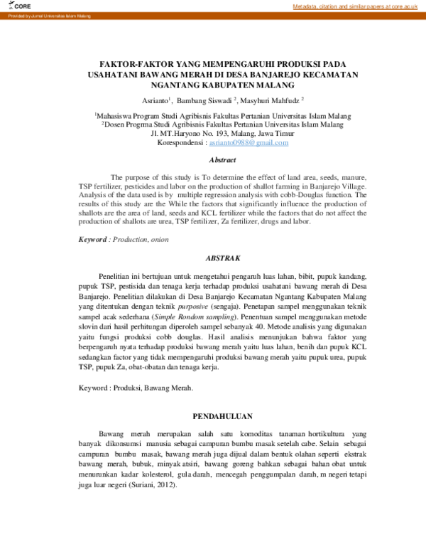 (PDF) Faktor-Faktor Yang Mempengaruhi Produksi Pada Usahatani Bawang Merah DI Desa Banjarejo ...