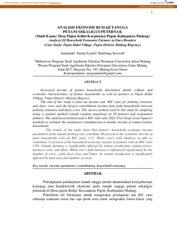 (PDF) ANALISIS EKONOMI RUMAH TANGGA PETANI SEKALIGUS PETERNAK (Studi Kasus: Desa Pujon Kidul ...