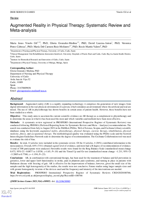 (PDF) Augmented Reality in Physical Therapy: Systematic Review and Meta-analysis