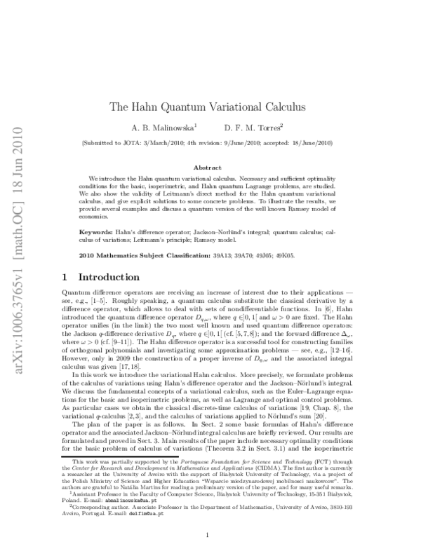 (PDF) Hahn Quantum Variational Calculus: Optimality Conditions and Examples