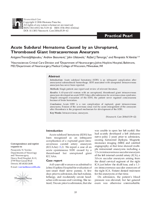 (PDF) Acute Subdural Hematoma Caused by an Unruptured, Thrombosed Giant ...