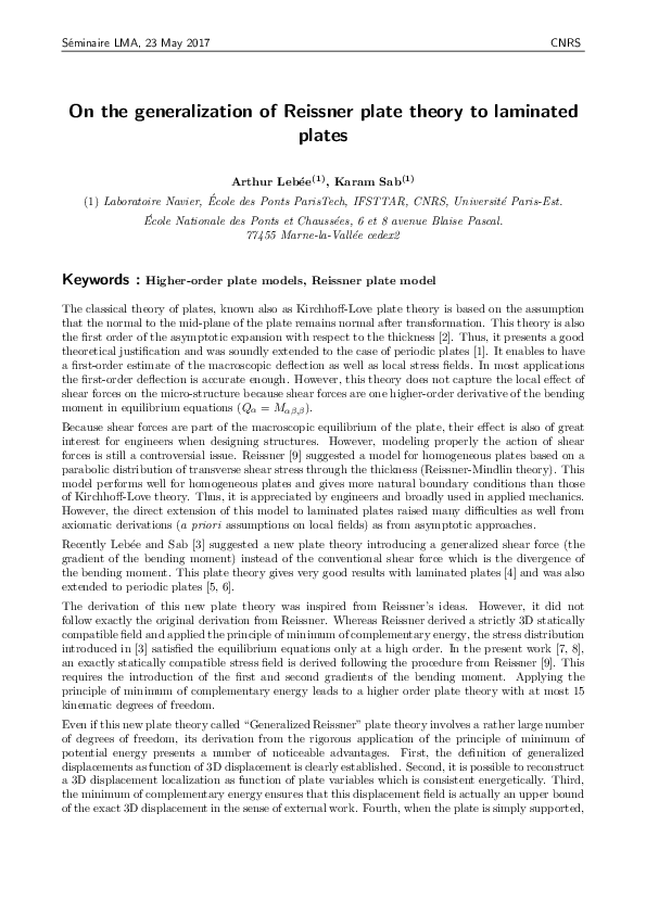 (PDF) On the Generalization of Reissner Plate Theory to Laminated ...