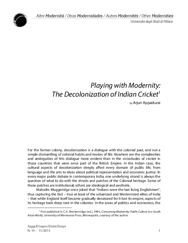 (PDF) Playing with Modernity: The Decolonization of Indian Cricket