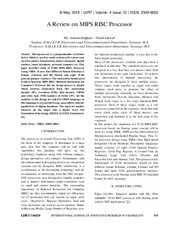 (PDF) A Review on MIPS RISC Processor