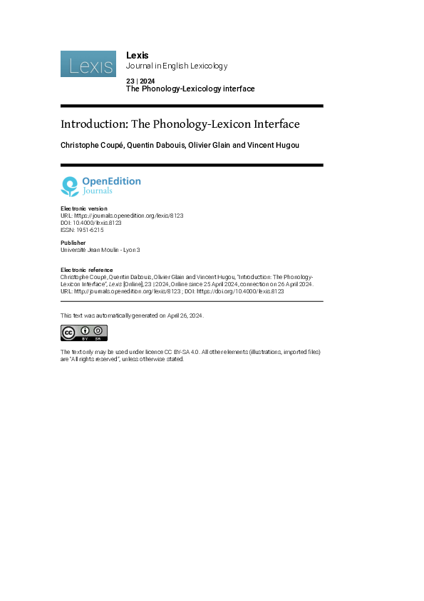 (PDF) Introduction: The Phonology-Lexicon Interface