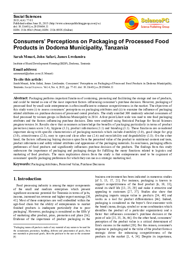 (PDF) Consumers’ Perceptions on Packaging of Processed Food Products in ...
