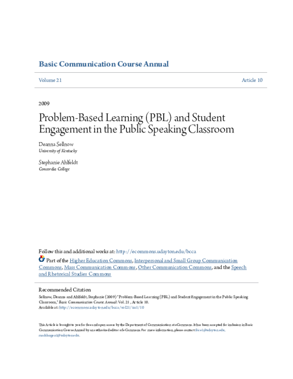 (PDF) Problem-Based Learning (PBL) and Student Engagement in the Public Speaking Classroom
