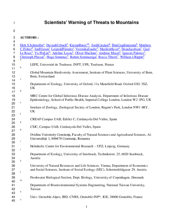 (PDF) Scientists' warning of threats to mountains