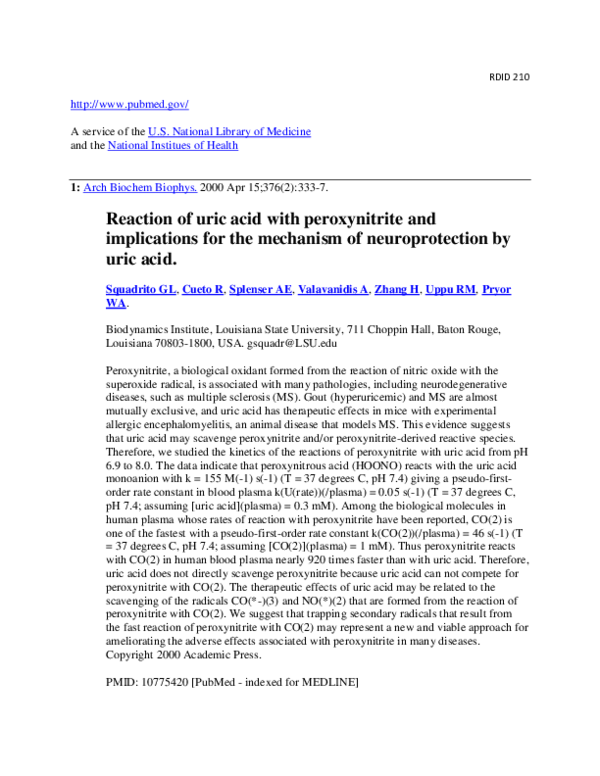 (PDF) Reaction of Uric Acid with Peroxynitrite and Implications for the ...
