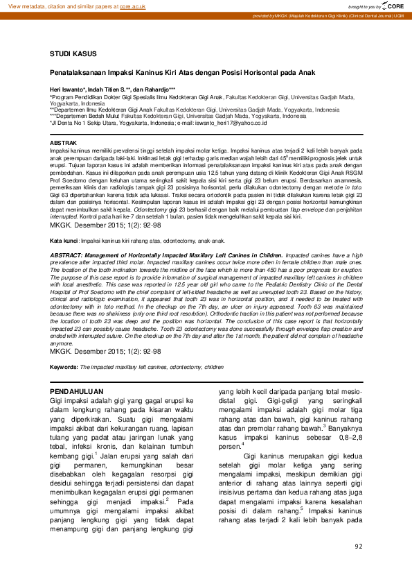 (PDF) Penatalaksanaan Impaksi Kaninus Kiri Atas dengan Posisi ...