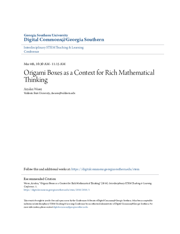 (PDF) Origami Boxes as a Context for Rich Mathematical Thinking