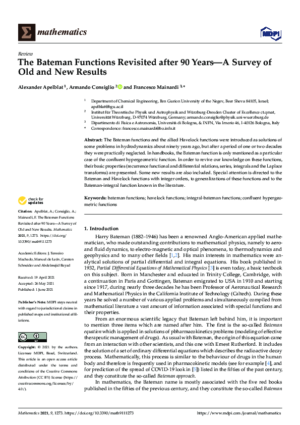 (PDF) The Bateman Functions Revisited after 90 Years—A Survey of Old ...