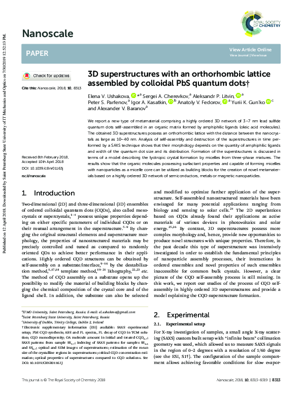 (PDF) 3D superstructures with an orthorhombic lattice assembled by colloidal PbS quantum dots