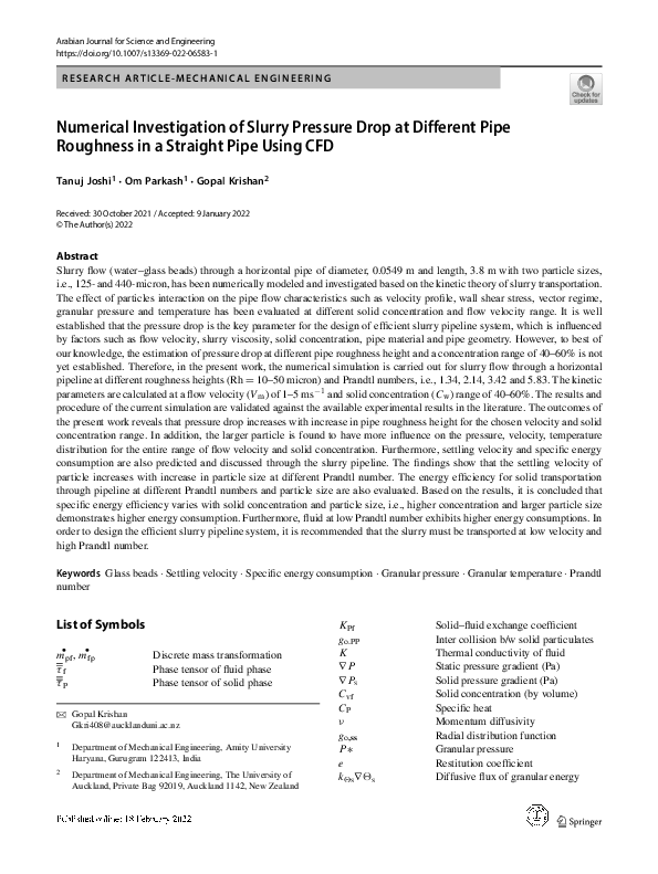(PDF) Numerical Investigation of Slurry Pressure Drop at Different Pipe Roughness in a Straight ...