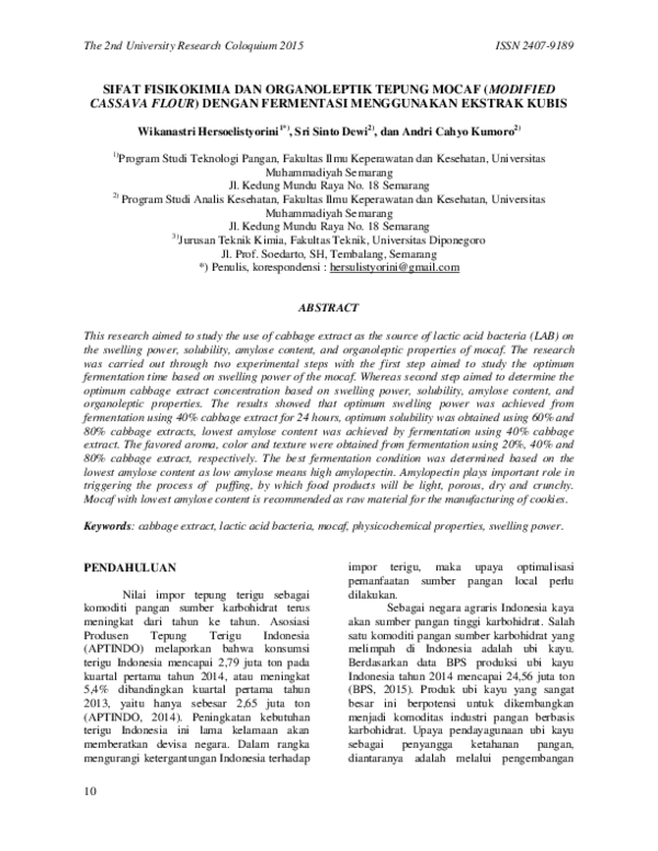 (PDF) Sifat Fisikokimia dan Organoleptik Tepung Mocaf (Modified Cassava Flour) dengan Fermentasi ...