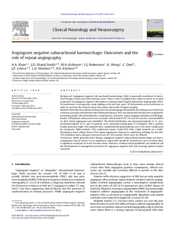 (PDF) Angiogram negative subarachnoid haemorrhage: Outcomes and the ...