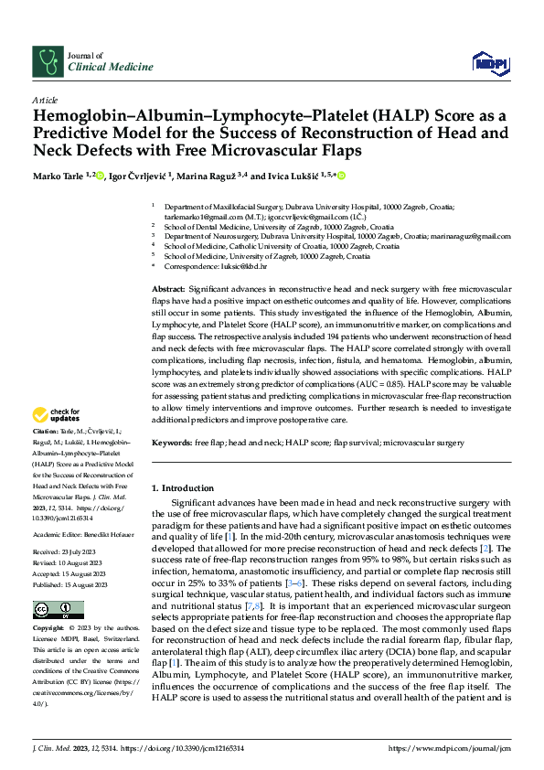 (PDF) Hemoglobin–Albumin–Lymphocyte–Platelet (HALP) Score as a ...