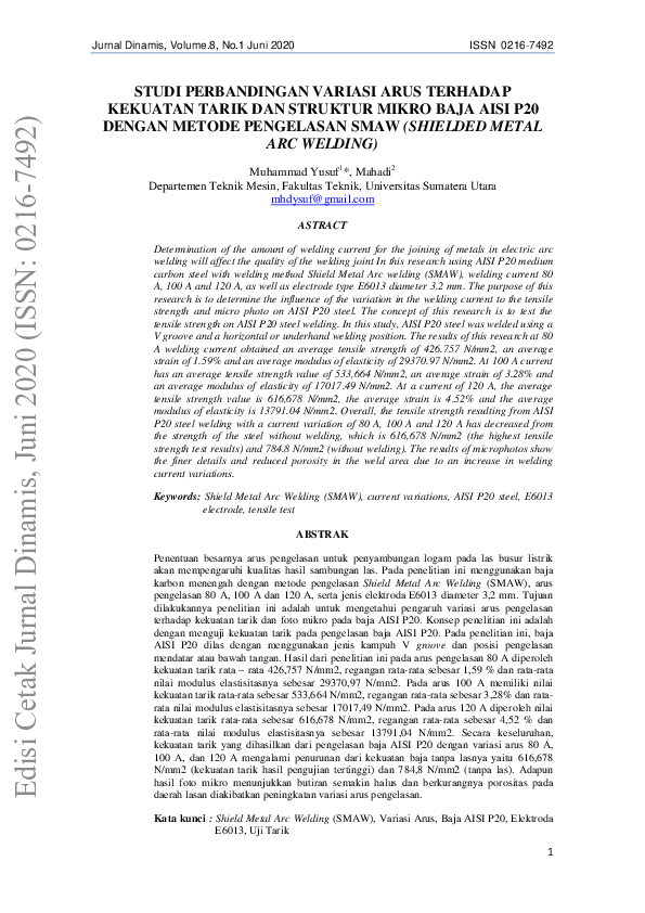 (PDF) Studi Perbandingan Variasi Arus Terhadap Kekuatan Tarik Dan Struktur Mikro Baja Aisi P20 ...