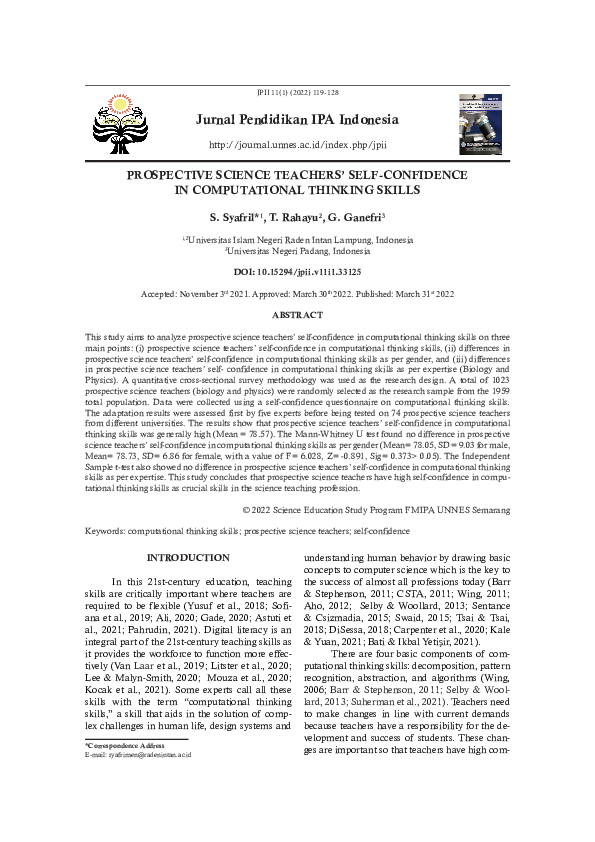 (PDF) Prospective Science Teachers’ Self-Confidence in Computational Thinking Skills